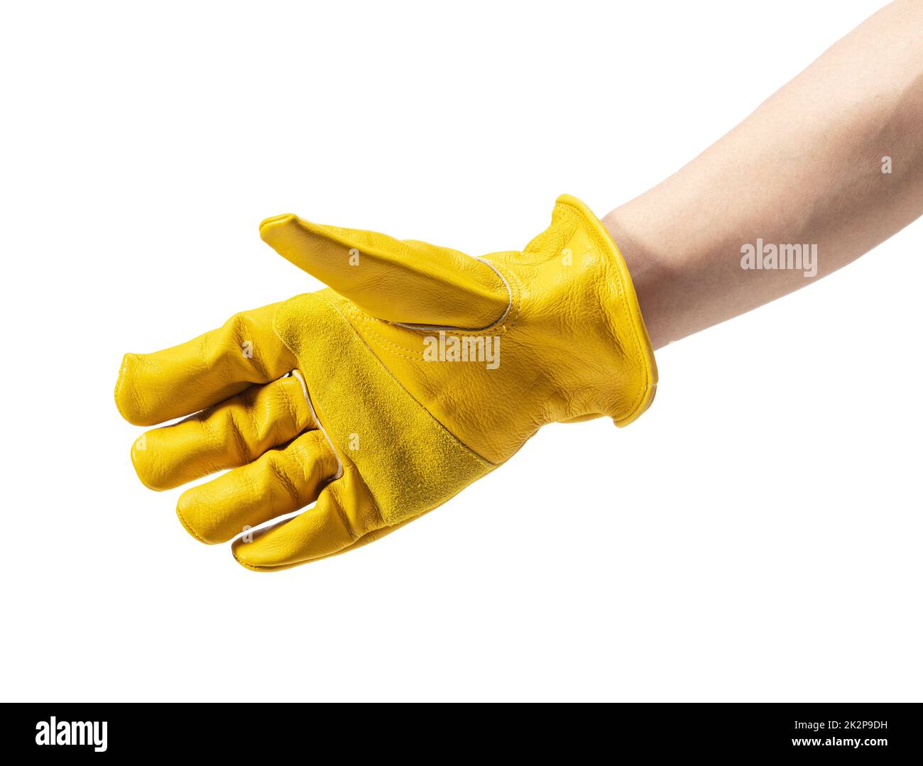 Male hand wearing yellow leather glove on white background Stock Photo ...