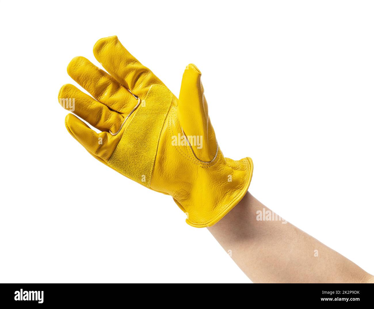 Male hand wearing yellow leather glove on white background Stock Photo ...