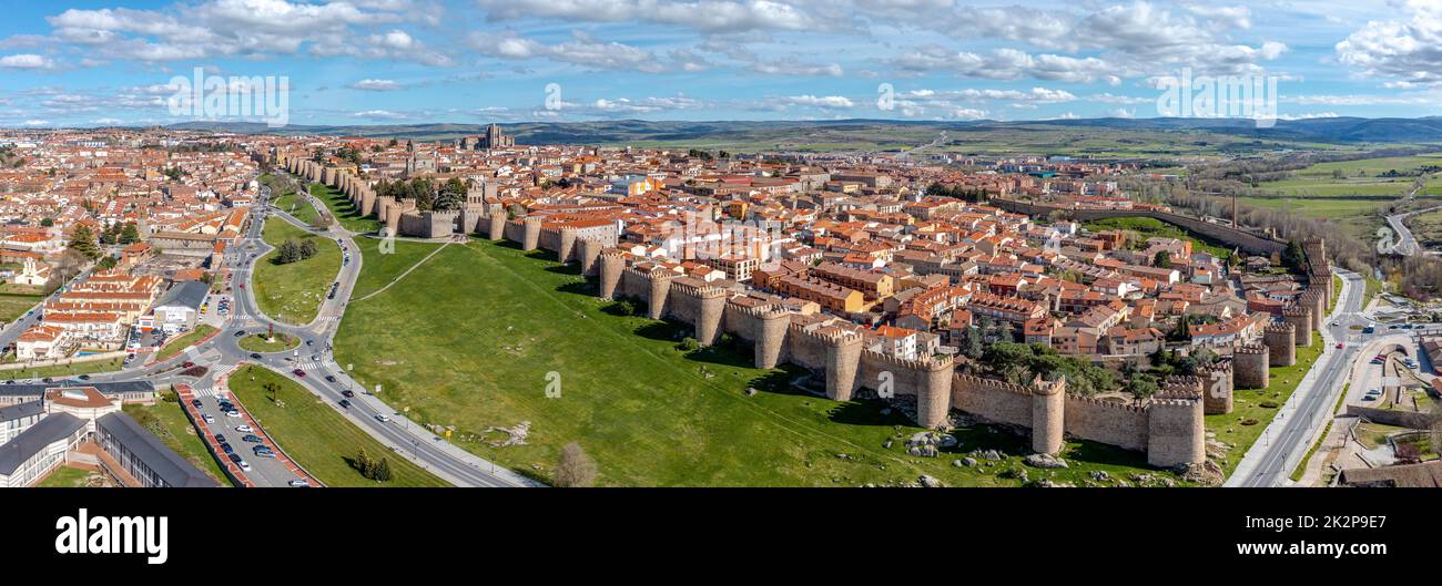 view of historical medieval fortress city town stone wall in Avila ...