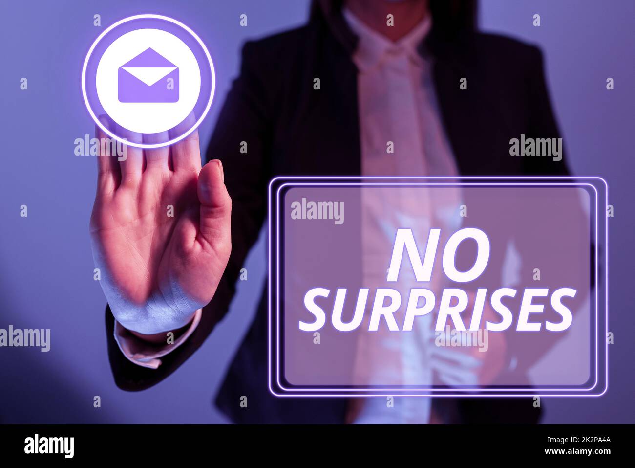 Text sign showing No Surprises. Concept meaning Presupposed Eventual ...