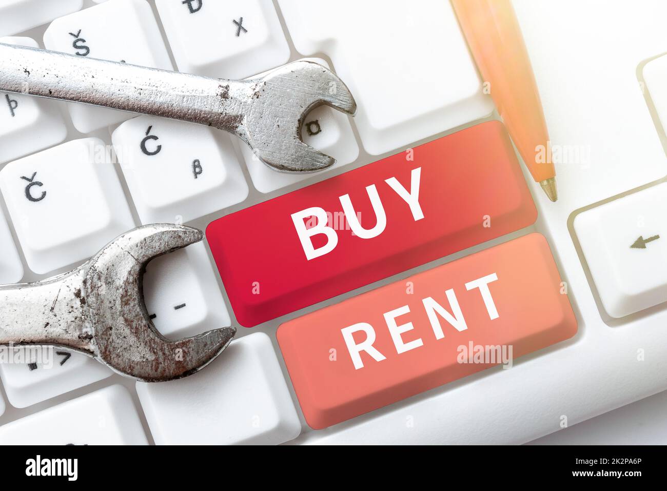 Hand writing sign Buy Rent. Business overview choosing between ...