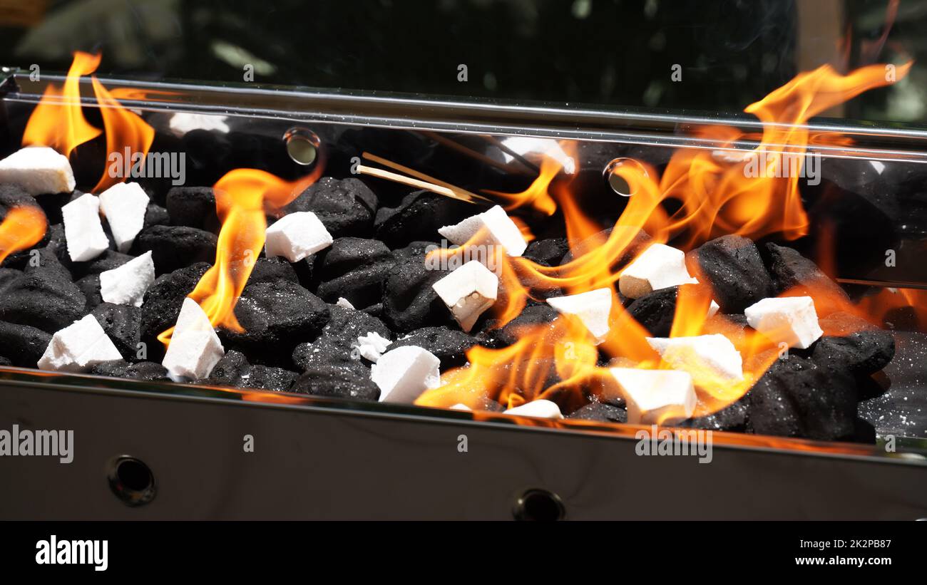 Empty Barbecue Flaming Grill Close Up With Bright Flames And White ...