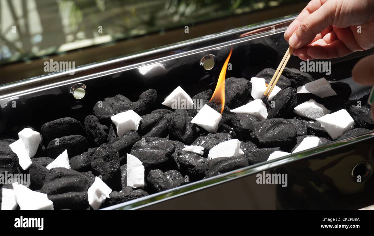 Empty Barbecue Flaming Grill Close Up With Bright Flames And White ...