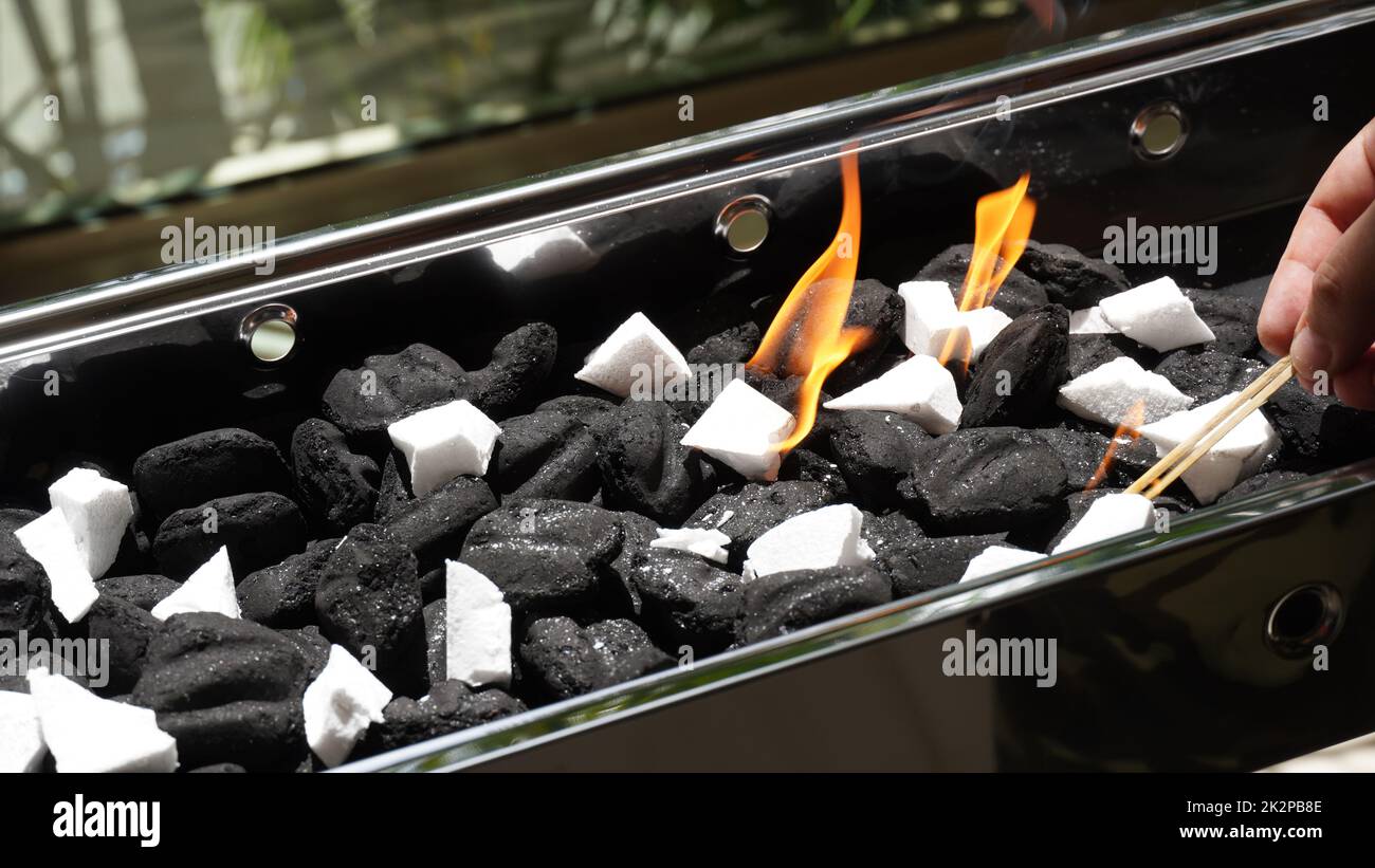 Empty Barbecue Flaming Grill Close Up With Bright Flames And White ...