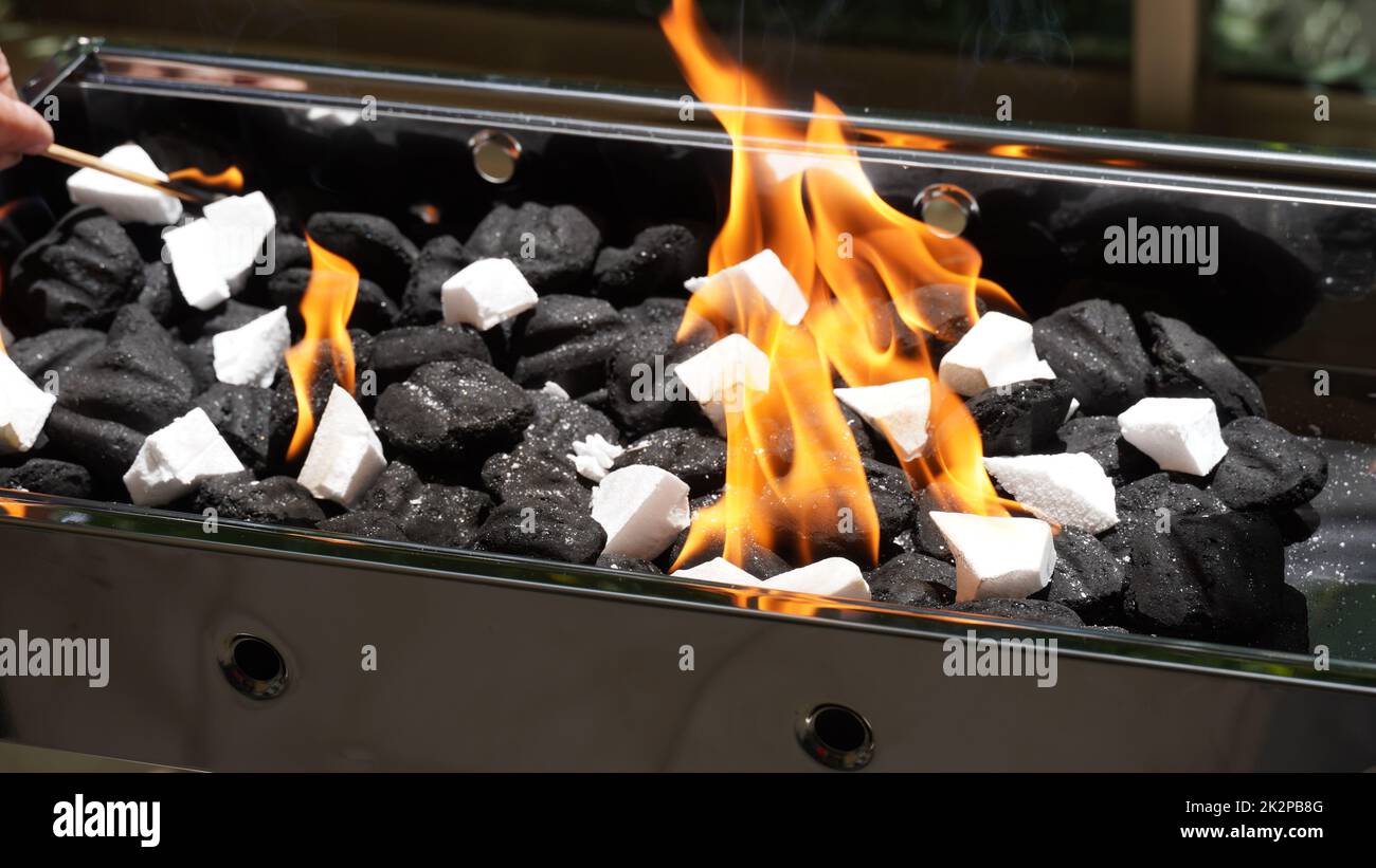 Empty Barbecue Flaming Grill Close Up With Bright Flames And White ...