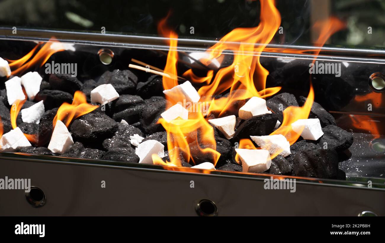 Empty Barbecue Flaming Grill Close Up With Bright Flames And White ...