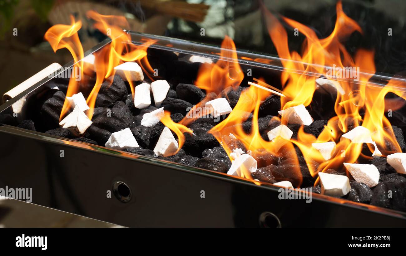 Empty Barbecue Flaming Grill Close Up With Bright Flames And White ...