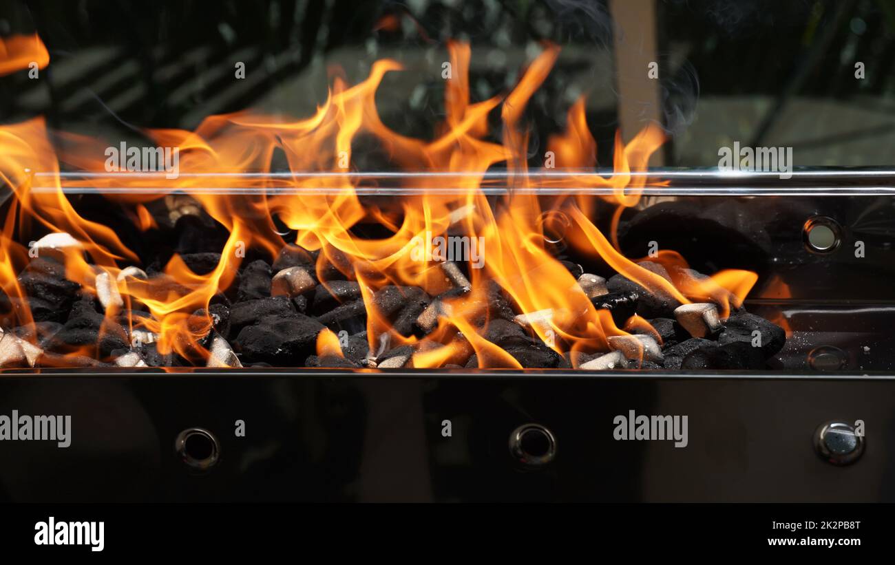 Empty Barbecue Flaming Grill Close Up With Bright Flames Stock Photo ...