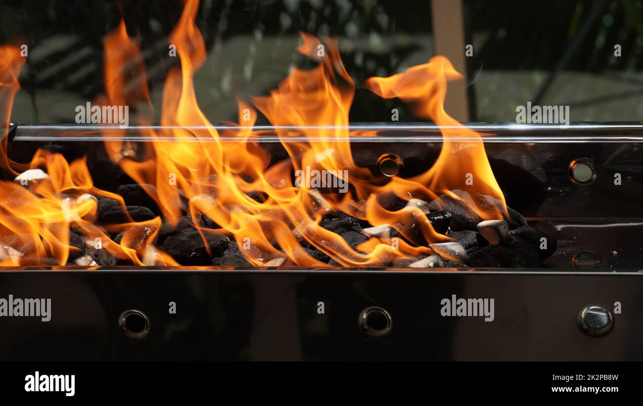 Empty Barbecue Flaming Grill Close Up With Bright Flames Stock Photo ...