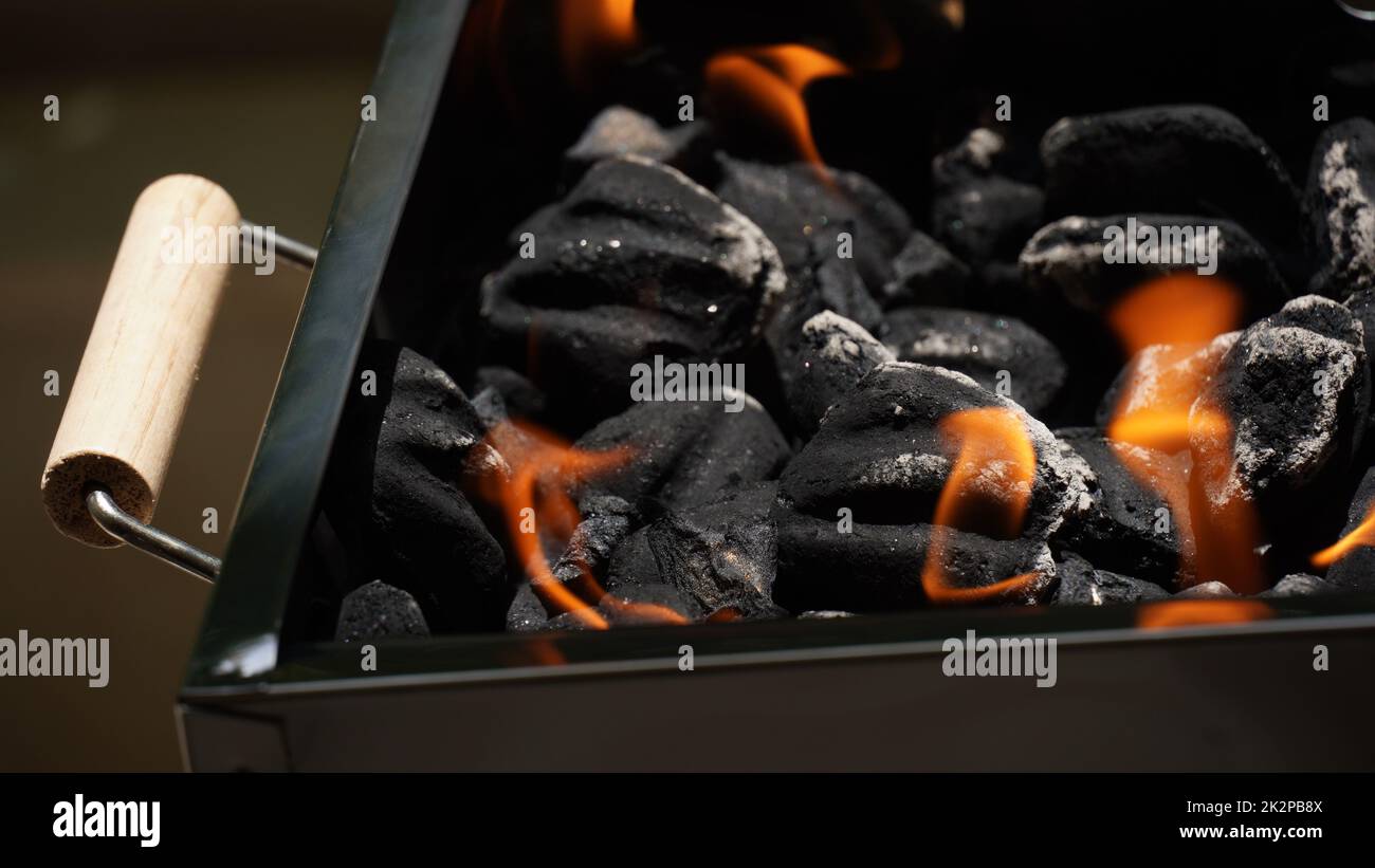 Empty Barbecue Flaming Grill Close Up With Bright Flames Stock Photo ...