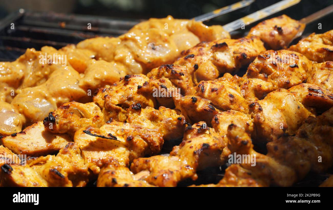 Shashlik - traditional Georgian barbecue. Closeup of raw roasted ...