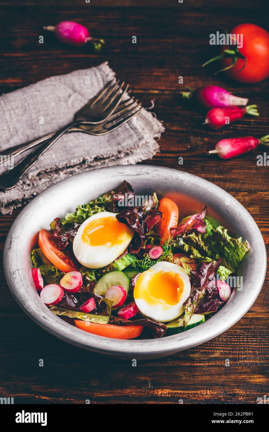 Fresh spring salad with homegrown vegetables and boiled eggs Stock ...