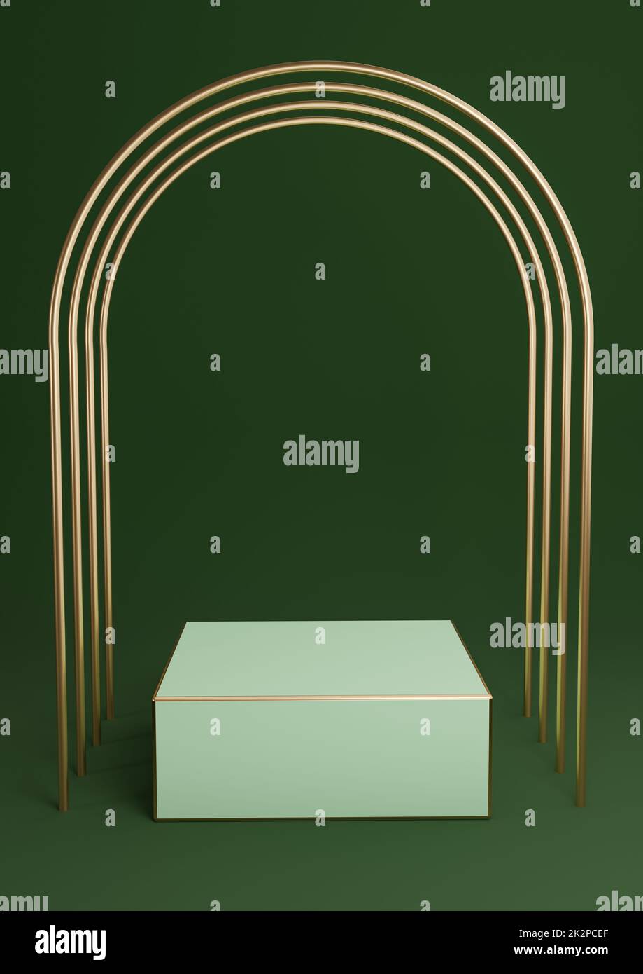 Dark, warm green 3D rendering minimal product display cube podium or stand with luxury gold ...