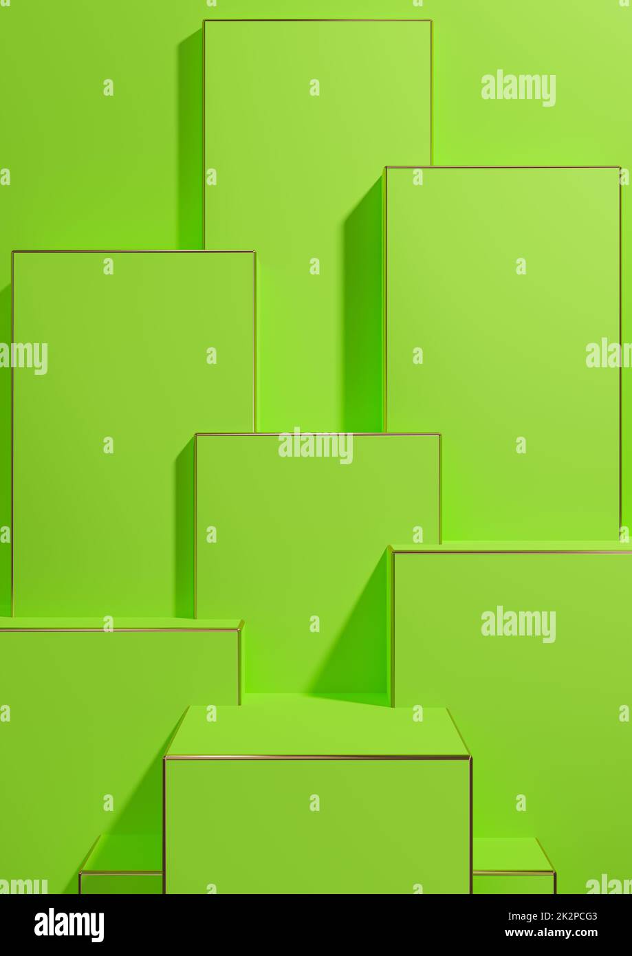 Bright, neon green 3D rendering simple, minimal, geometric background product display pedestal ...