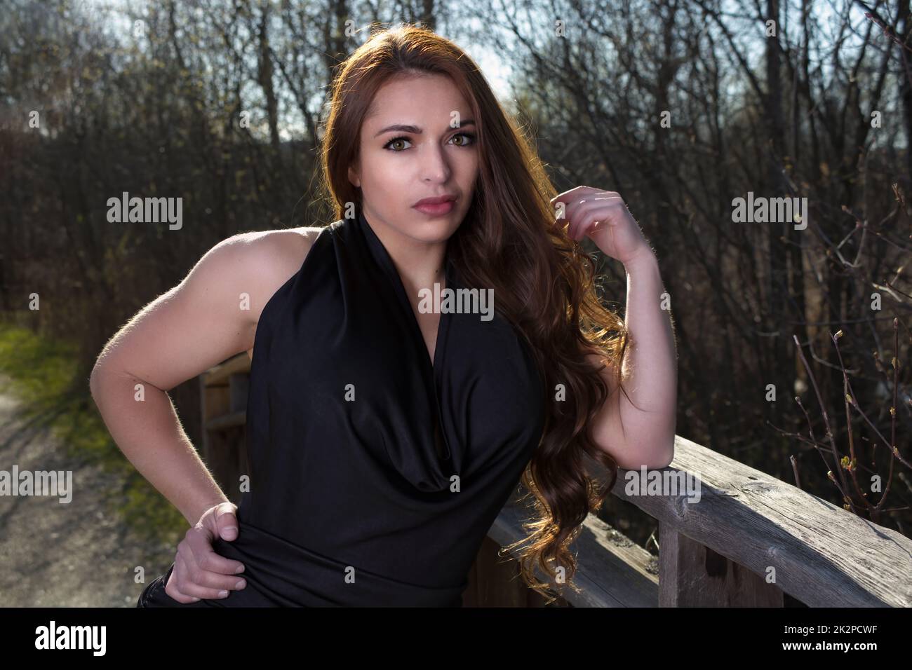 beautiful woman outdoor portrait elegance black dress at the park long ...