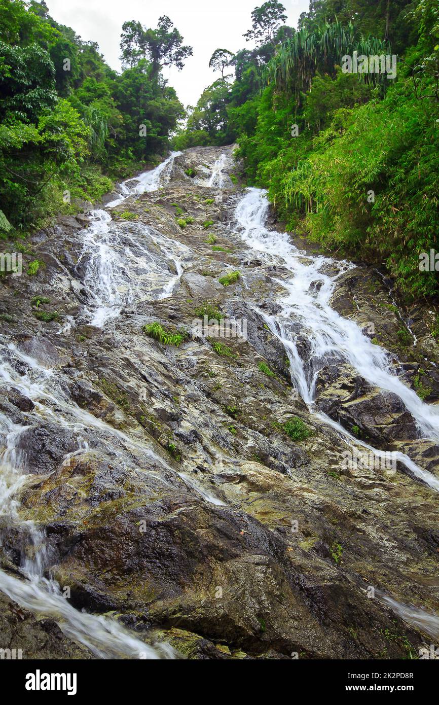 Waterfalls in nature flow through large rocks in Phatthalung, Thailand ...
