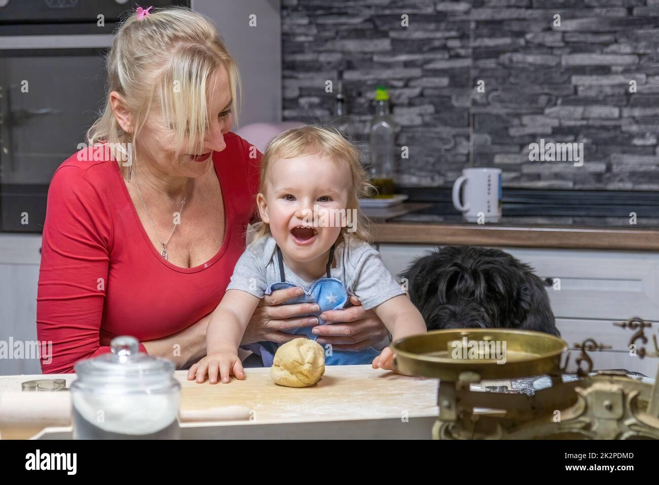 Laughing lttle helper child boy in domestic kitchen Stock Photo - Alamy