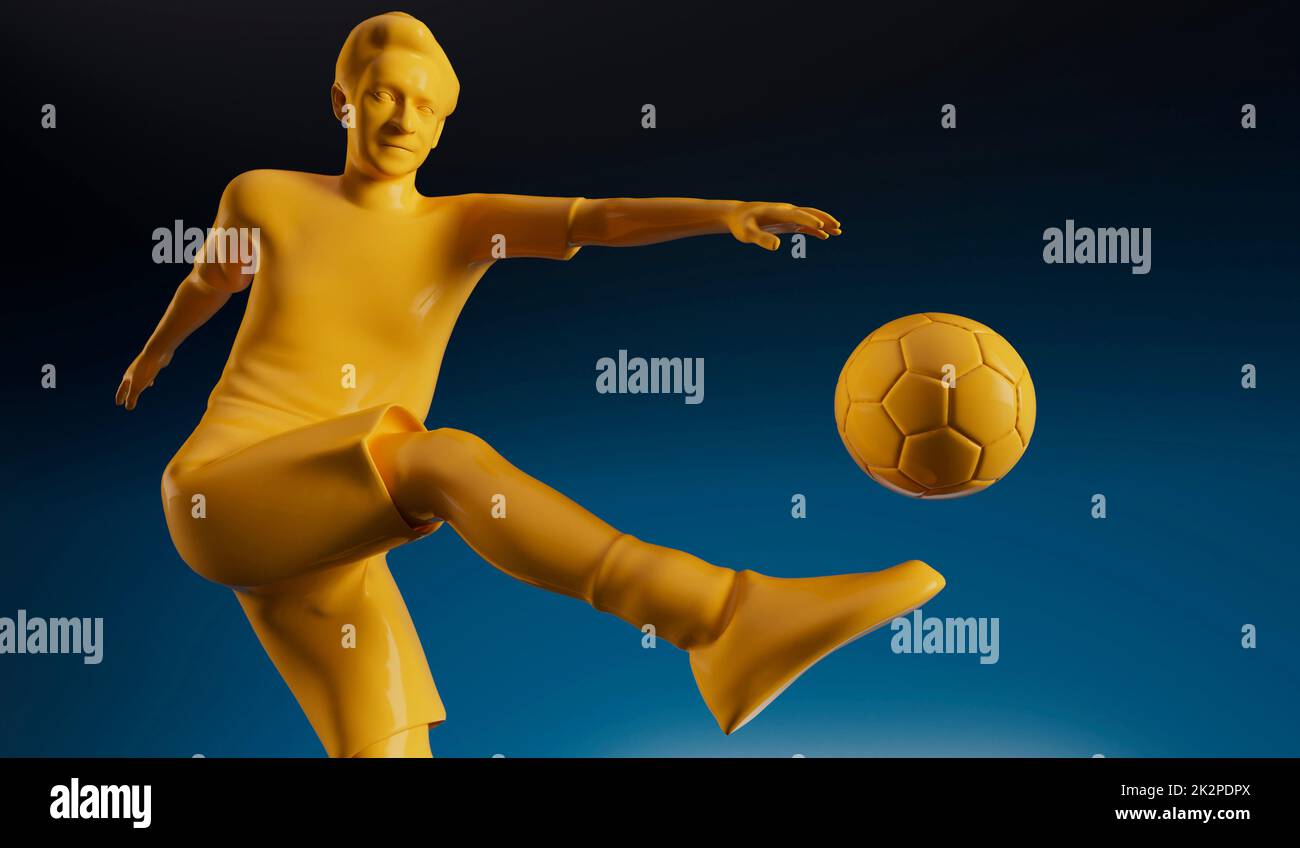 Yellow soccer football player kicking a ball in an action pose. 3D ...