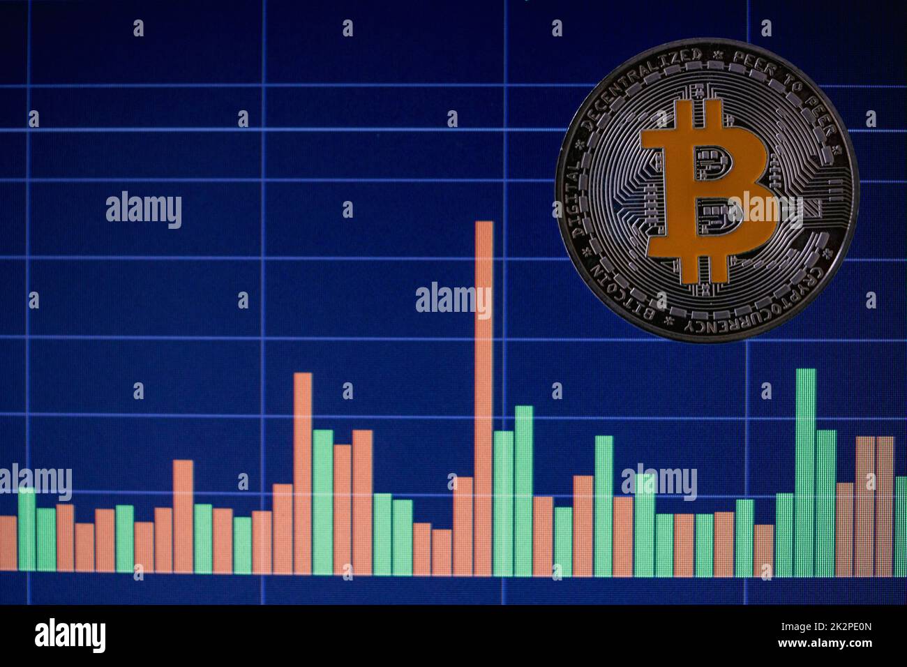 Silver Bitcoin with candle stick graph chart and digital background ...