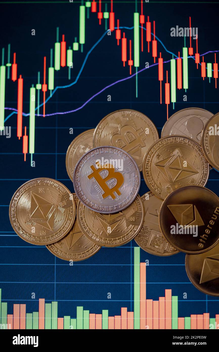 Various Cryptocurrency coins with candle stick graph chart and digital ...