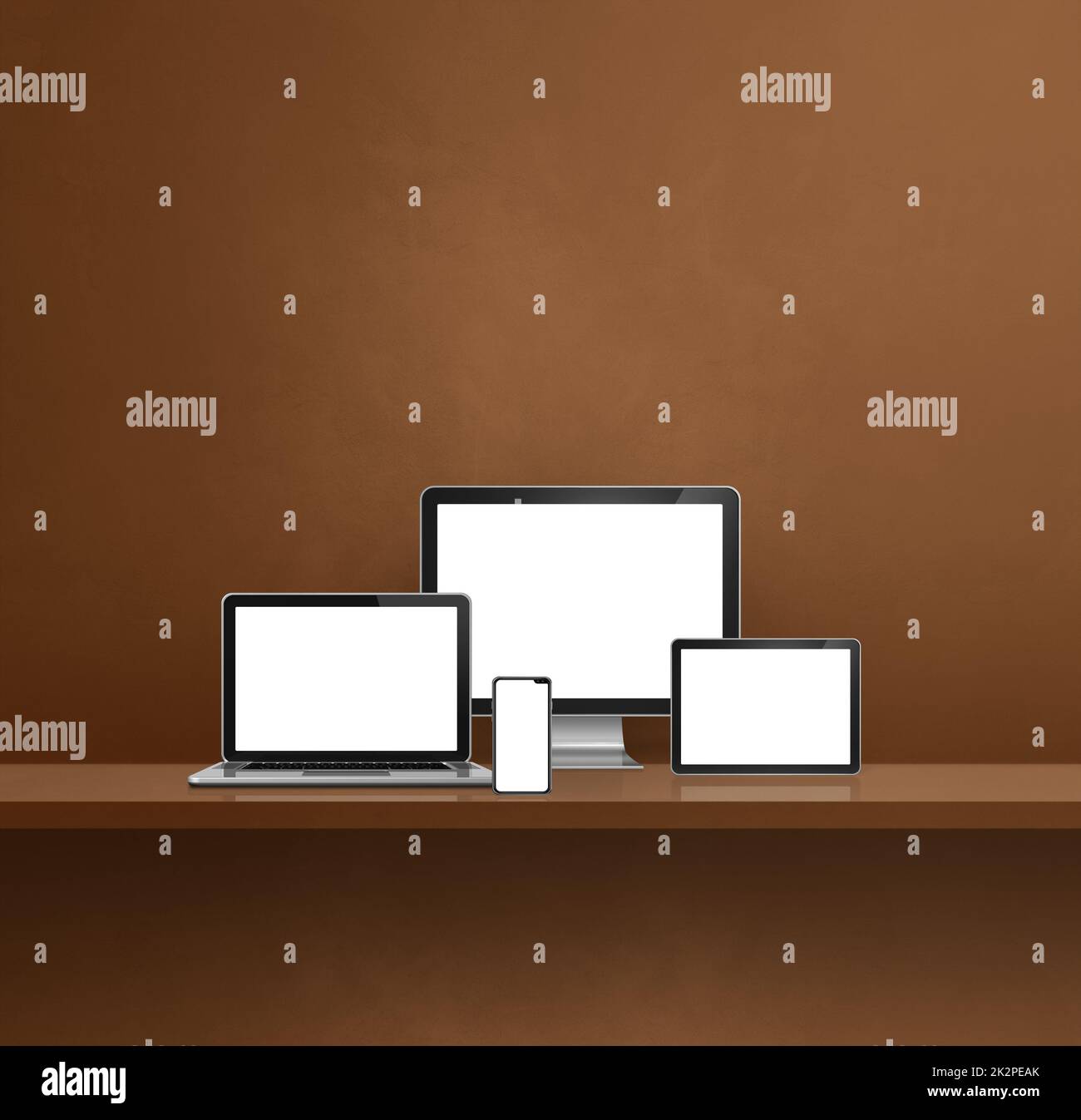 Computer, laptop, mobile phone and digital tablet pc. brown shelf ...