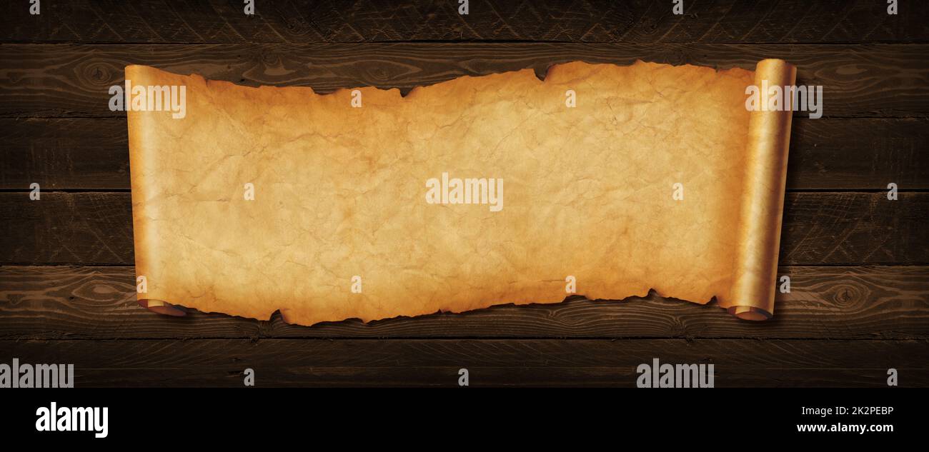 Old paper horizontal banner. Parchment scroll on a wood board Stock ...