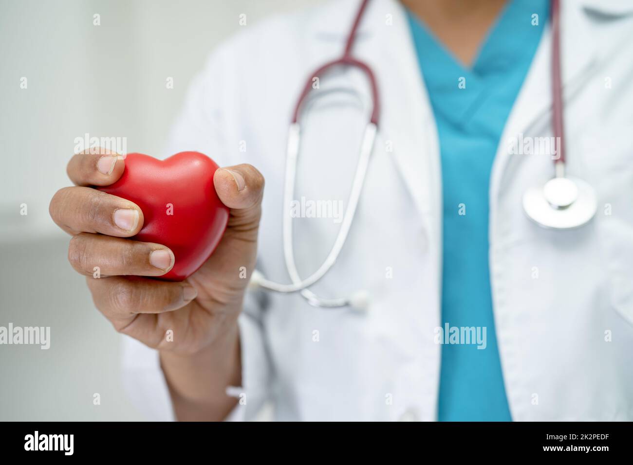 Doctor holding a red heart in hospital ward, healthy strong medical ...