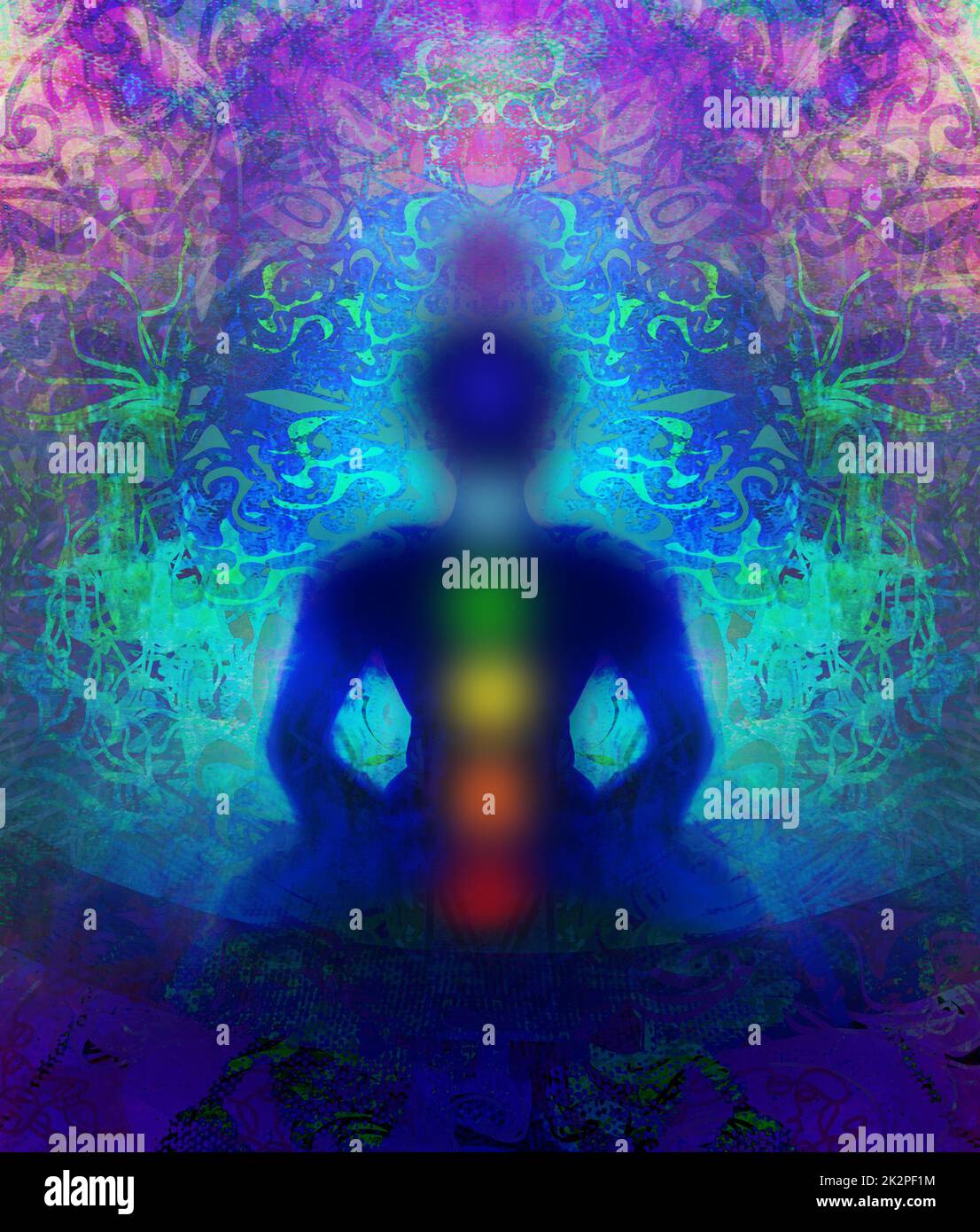 Yoga lotus pose. Padmasana with colored chakra points Stock Photo - Alamy