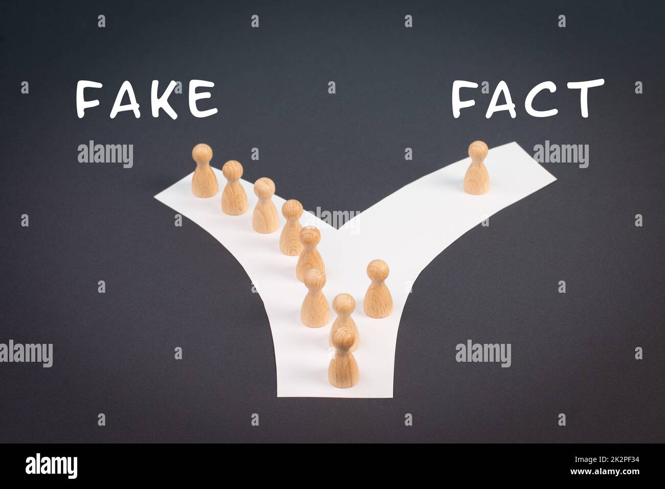 Crowd of people follow the path to the fake information, one thinks ...