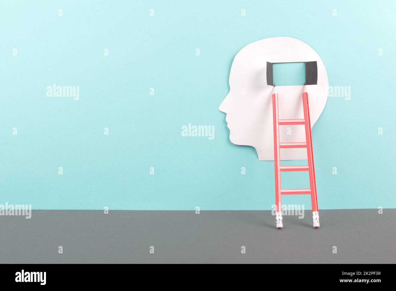 Silhouette of a man, window to the brain, ladder of success, open ...