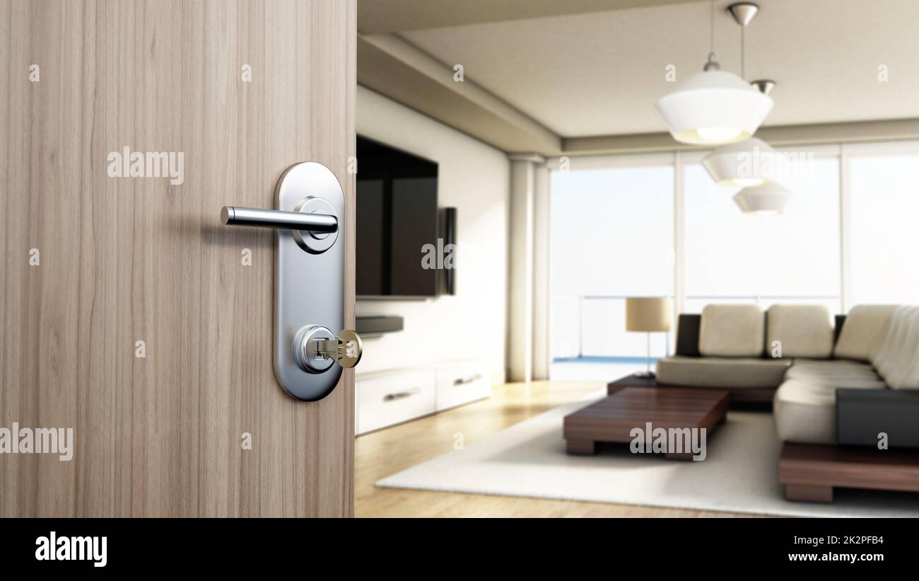 Door opening to comfortable and modern sitting room. 3D illustration ...
