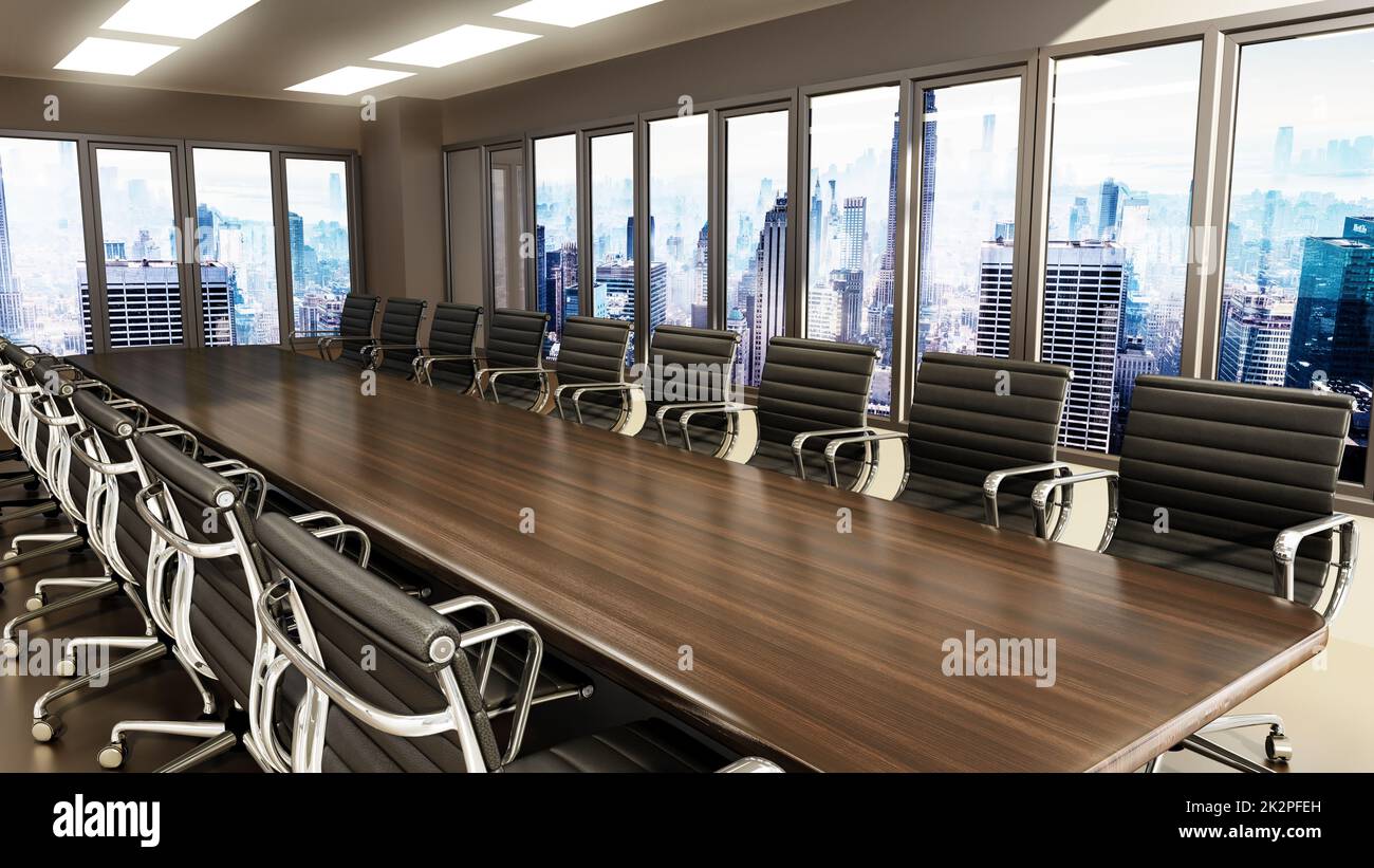 Meeting table and office chairs inside the boardroom. 3D illustration ...