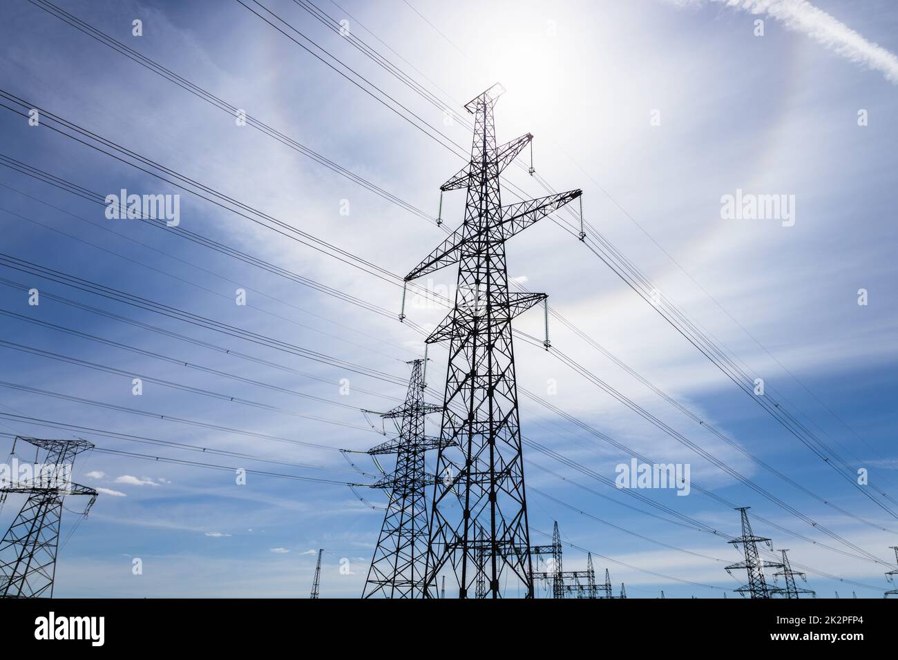 High voltage pole or High voltage electricity tower and transmission ...