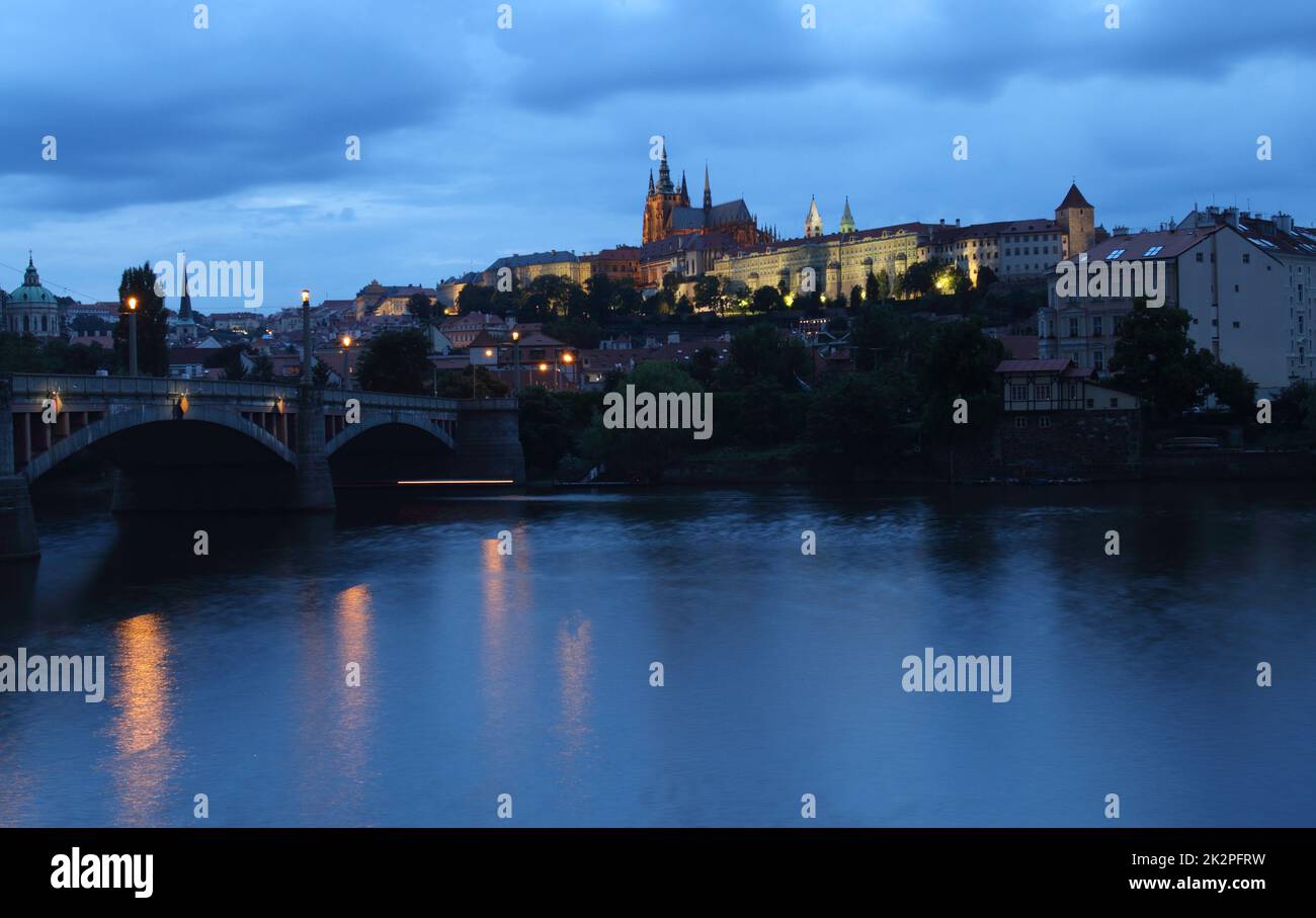 A panoramic view taking in Prague Castle, the Charles Bridge and the Vltava River in the ...