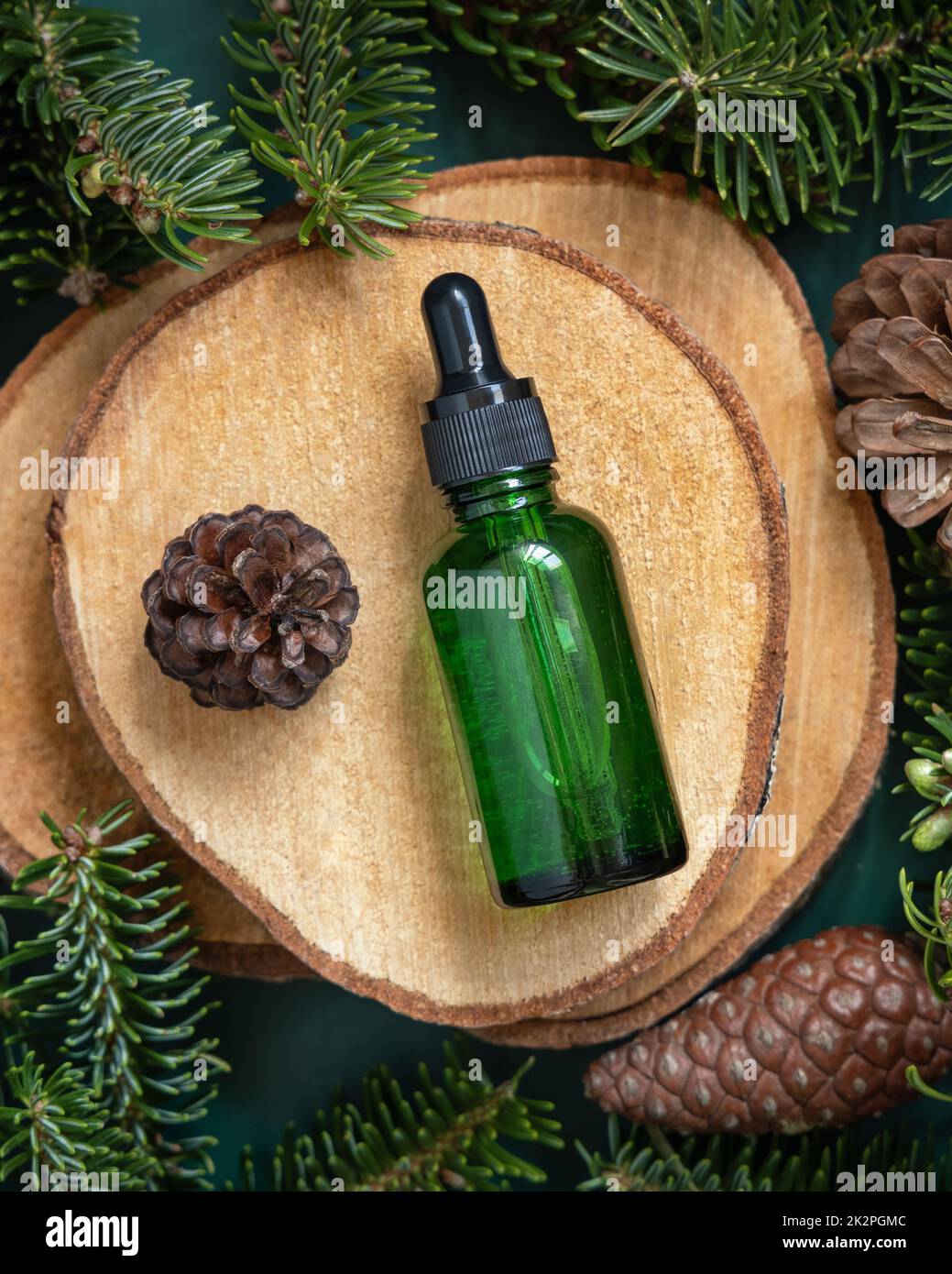 Green Pipette Dropper Bottle etween fir branches and pine cones on ...