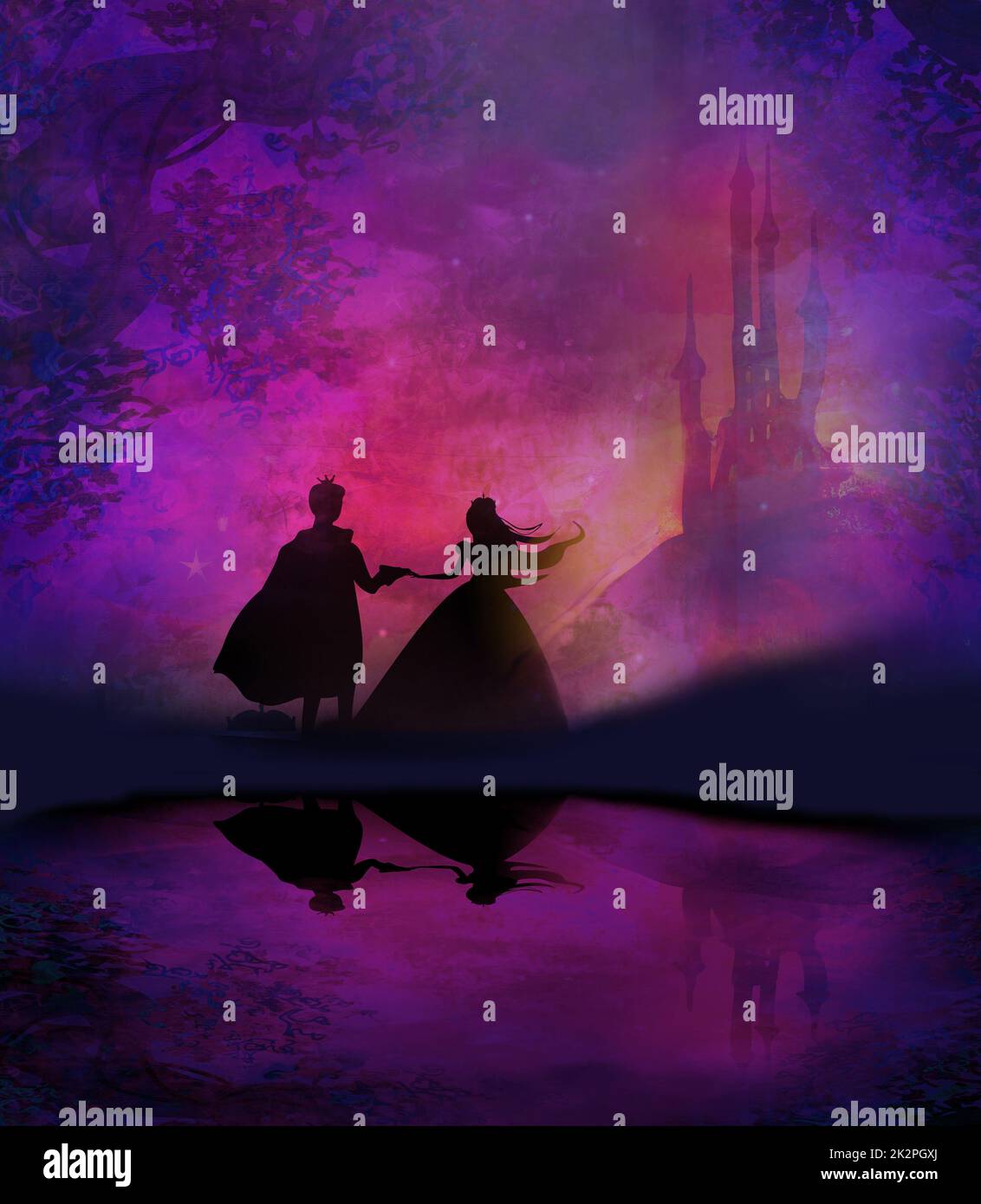 Magic castle and princess with prince Stock Photo - Alamy