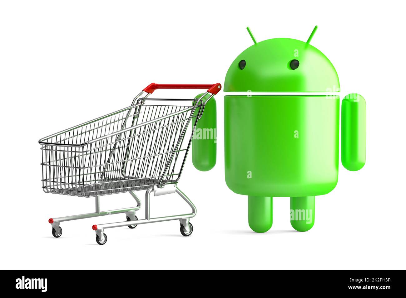 Android robot with shopping cart. 3D illustration. Isolated ...