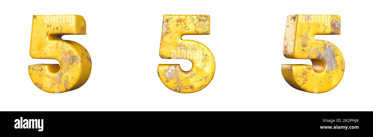 Number 5 (five) from a set of metallic yellow grunge numbers. Isolated ...