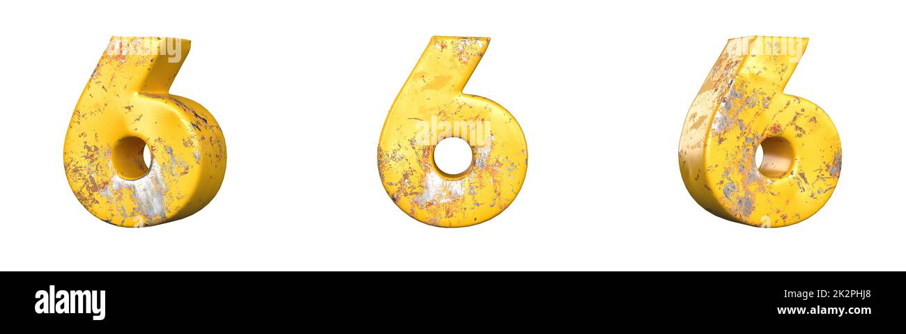 Number 6 (six) from a set of metallic yellow grunge numbers. Isolated ...