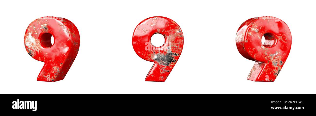 Number 9 (Nine) from Red scratched metallic numbers collection set. Isolated. 3D Rendering Stock ...
