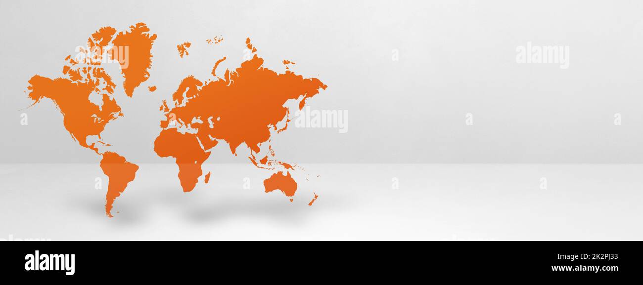 Orange world map on white wall background. 3D illustration. Horizontal ...