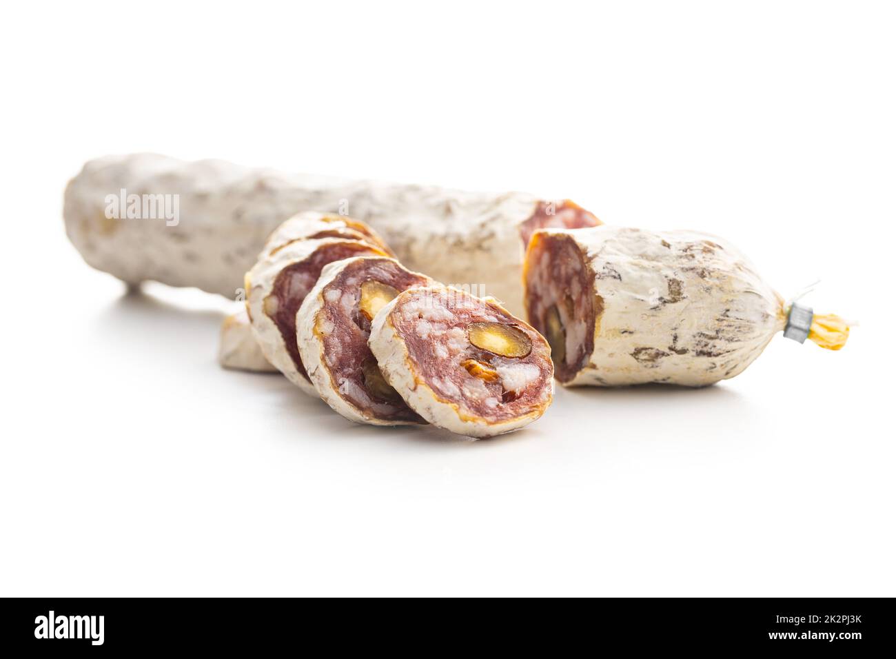 Traditional sausage with white mold. Dried sliced pork salami isolated ...