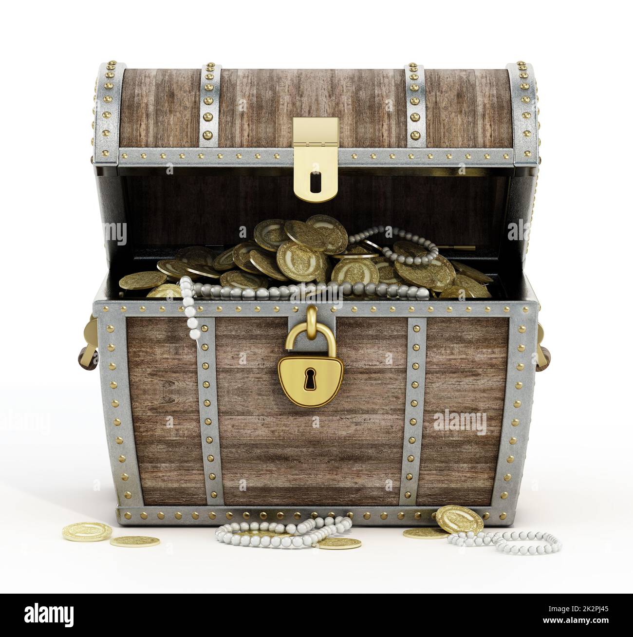 Treasure chest full of antique gold coins and jewels isolated on white ...