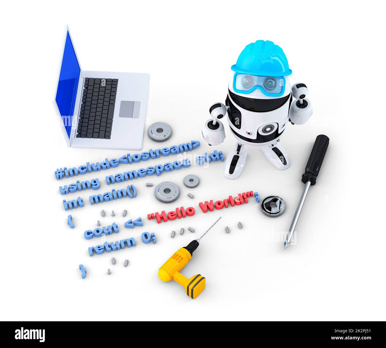 Robot With Tools And Program Source Code Technology Concept Isolated Contains Clipping Path