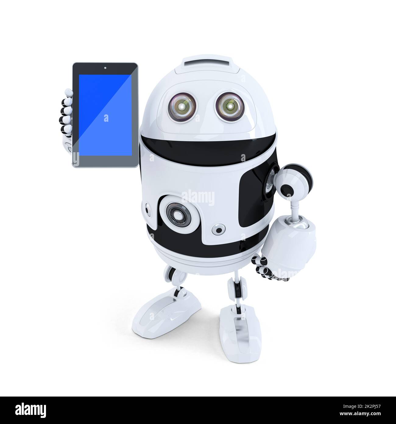 Robot holding mobile phone. Isolated on white background. Contains ...