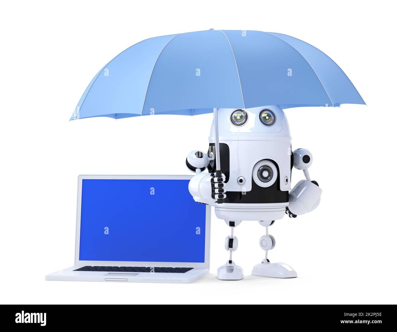 Android robot with laptop and umbrella. Security concept. Isolated ...