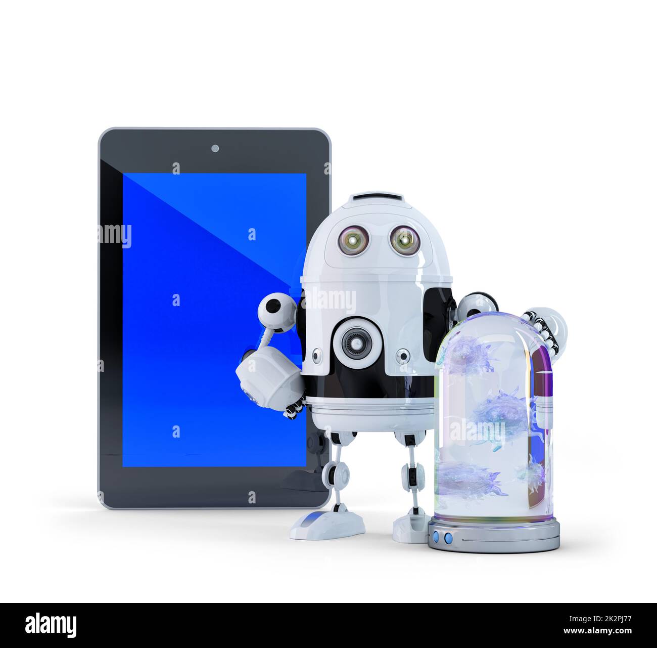 Robot with tablet computer. Computer security concept. Isolated ...