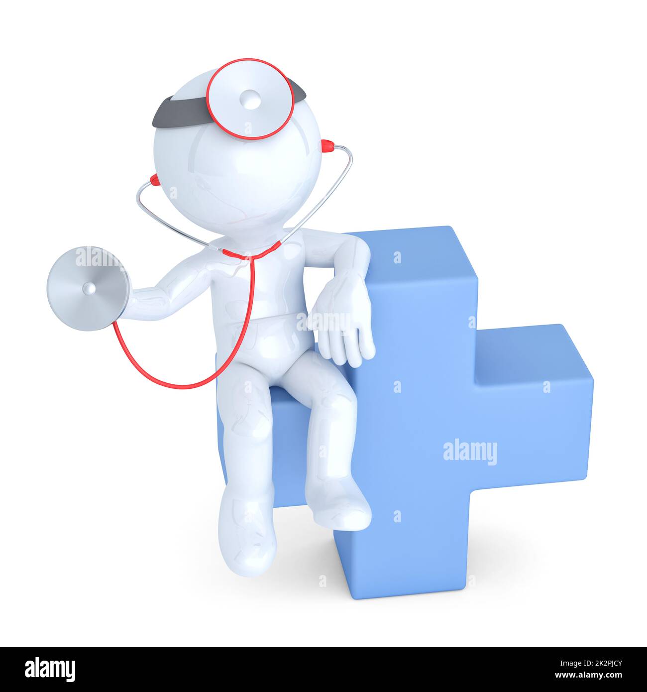 Doctor with stethoscope sitting on blue cross. Isolated. Contains ...