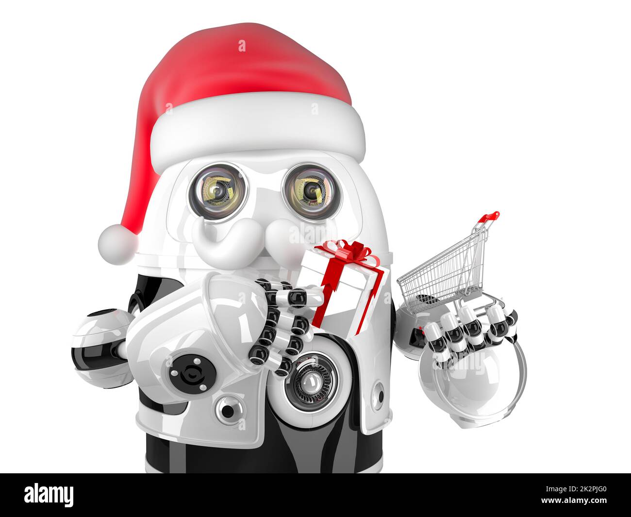 Robot Santa with shopping cart and gift box. Isolated. Contains ...