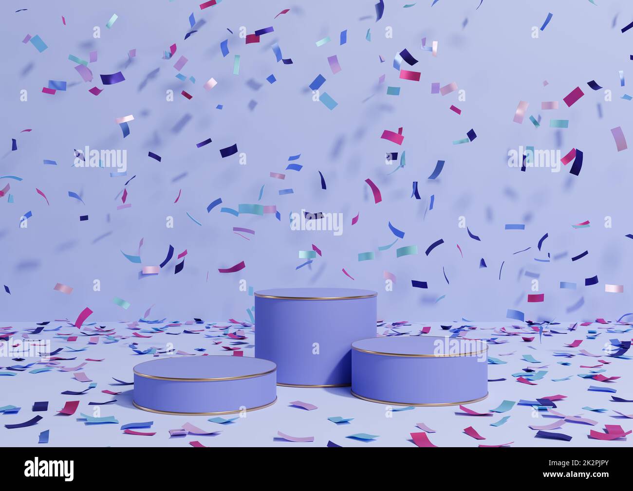 Light, pastel blue 3D rendering product display three podiums stands with colorful confetti ...